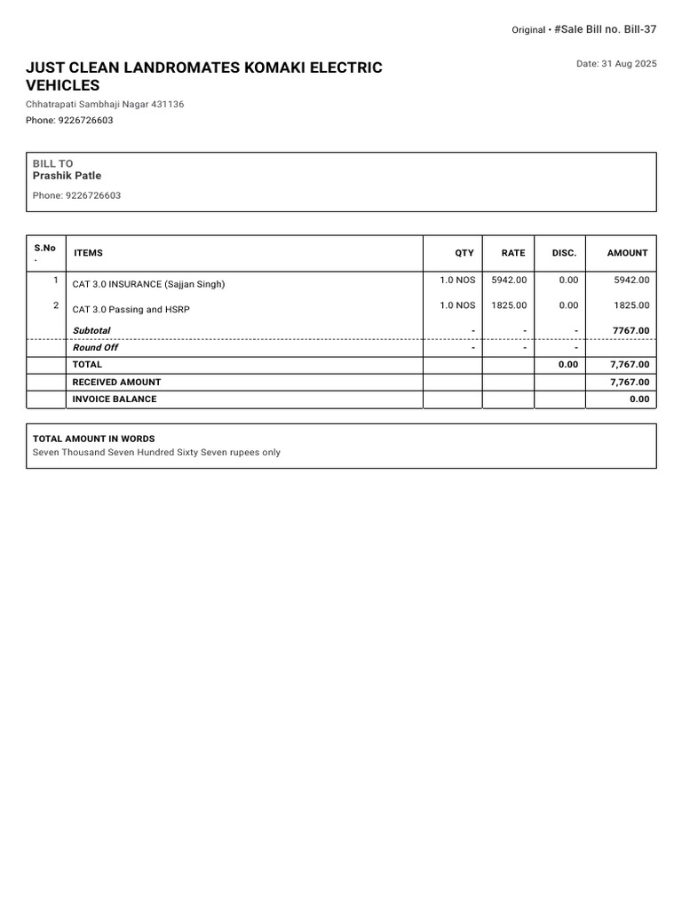 Sajjan Singh HSRP and Insurance Receipt | PDF