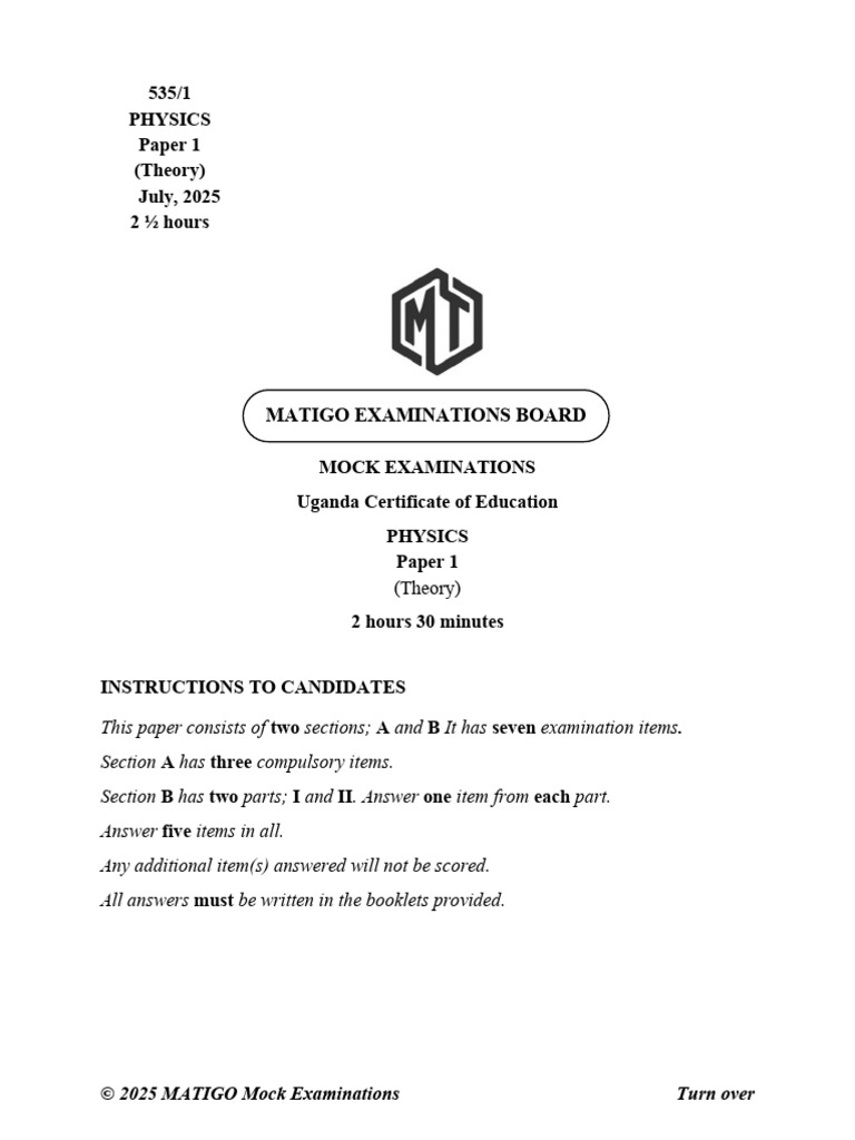 Matigo Mocks Uce Phy Pp1 2025 | PDF | Sound | Heat