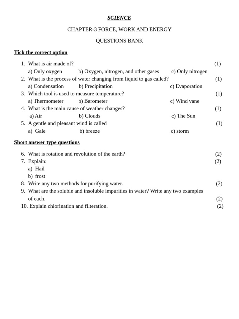 Class 6 Science: Force, Work & Energy Quiz | PDF