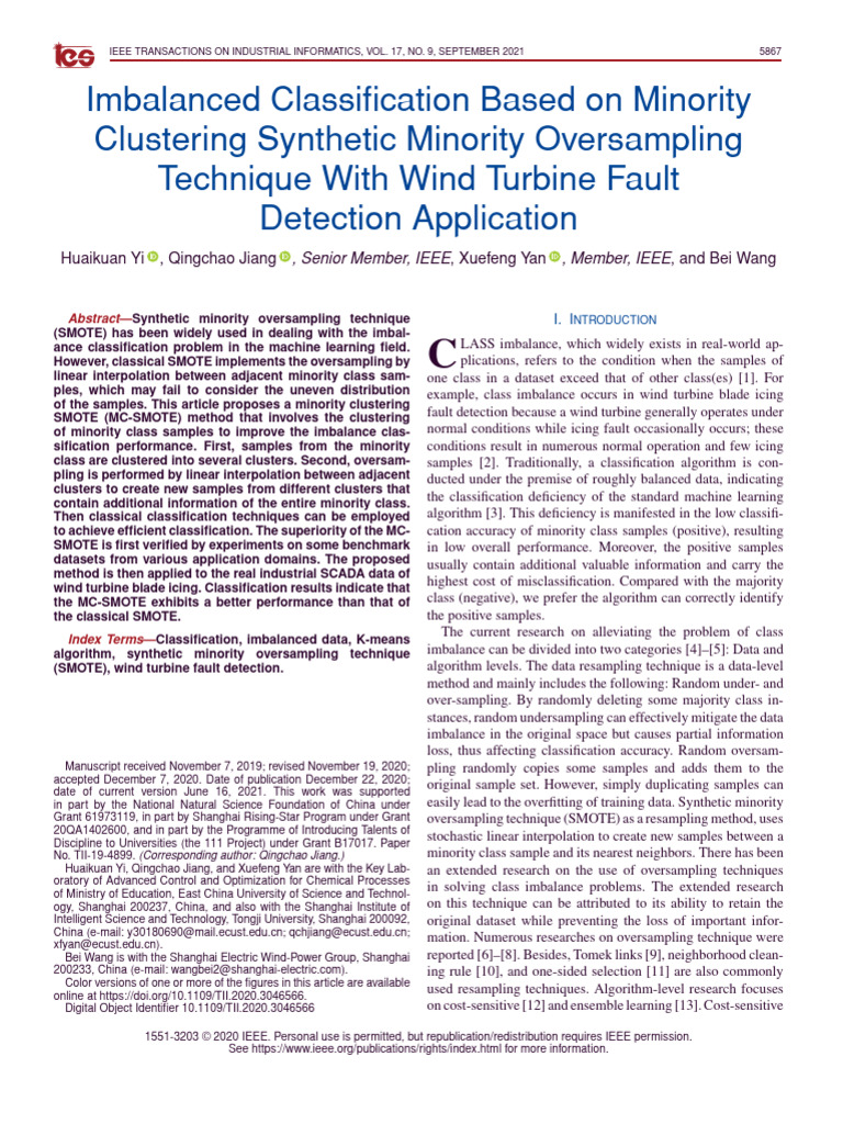 Imbalanced Classification Based On Minority Clustering Synthetic Minority Oversampling Technique ...