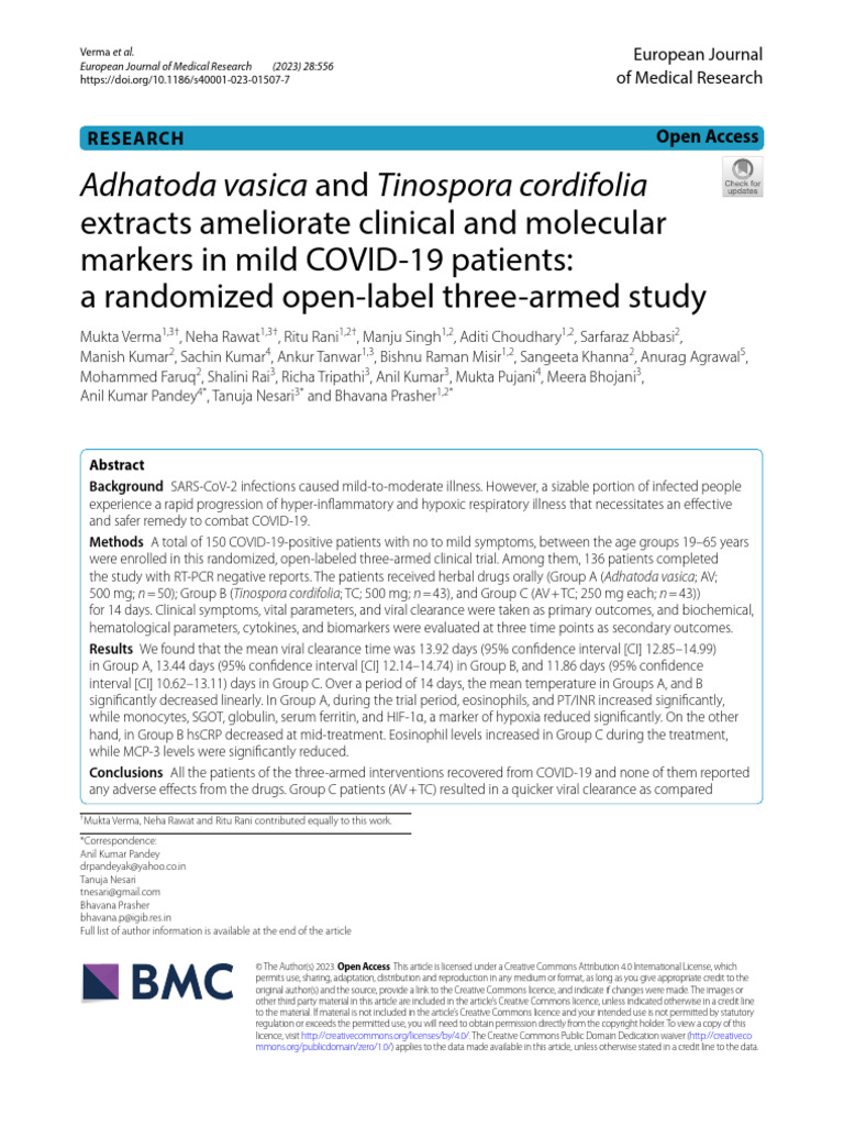 Adhatoda Vasica and Tinospora Cordifolia Extracts Effects in Mild COVID ...