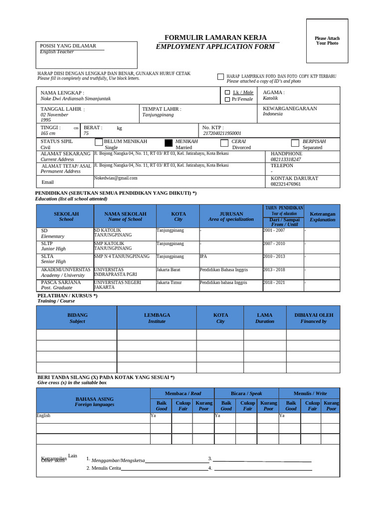 Formulir Lamaran Kerja Noke Simanjuntak | PDF