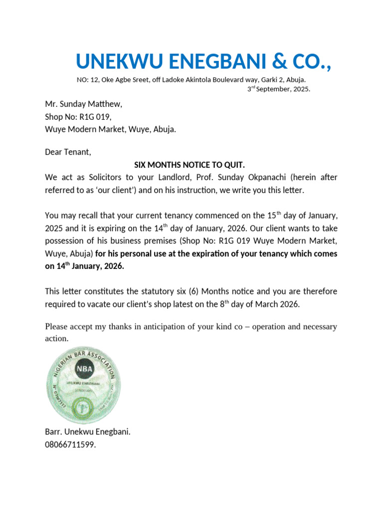 Six Months Notice to Quit Letter | PDF