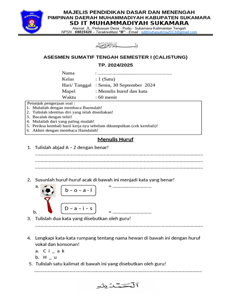 Sts 1_ Menulis Huruf Calistung Kelas 1 | PDF
