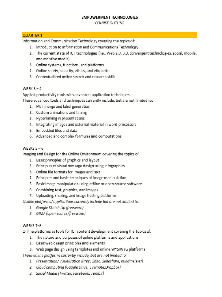 Empowerment Technologies 11-12 Course Outline | PDF