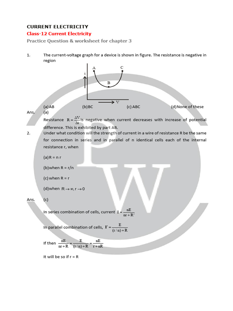 Current Electricity Practice Questions | PDF | Quantity | Physical ...