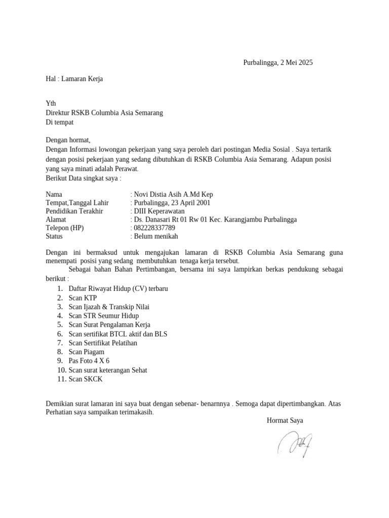 Lamaran Kerja Perawat RSKB Semarang | PDF