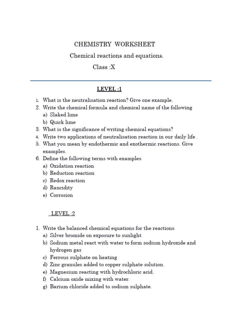 Chemical Reactions and Equations-Worksheet | PDF