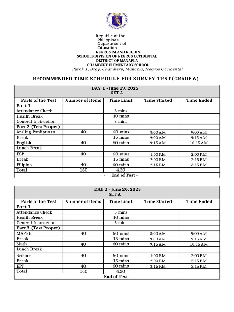 Grade 6 Survey Test Schedule 2025 | PDF | Southeast Asia | Asia
