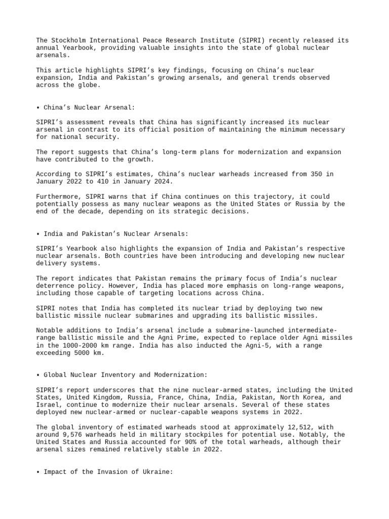 India Appears To Be Expanding Its Nuclear Arsenal, Claims SIPRI | PDF ...