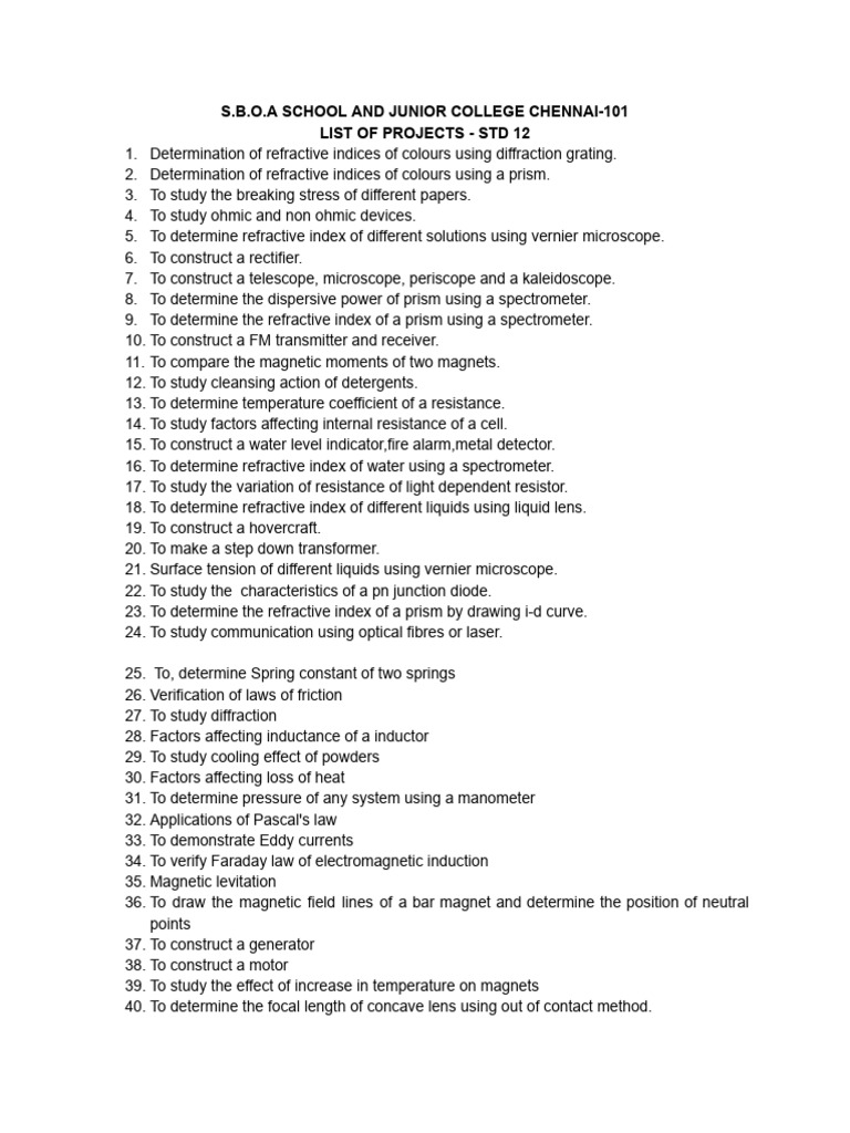 12th Grade Science Project List | PDF