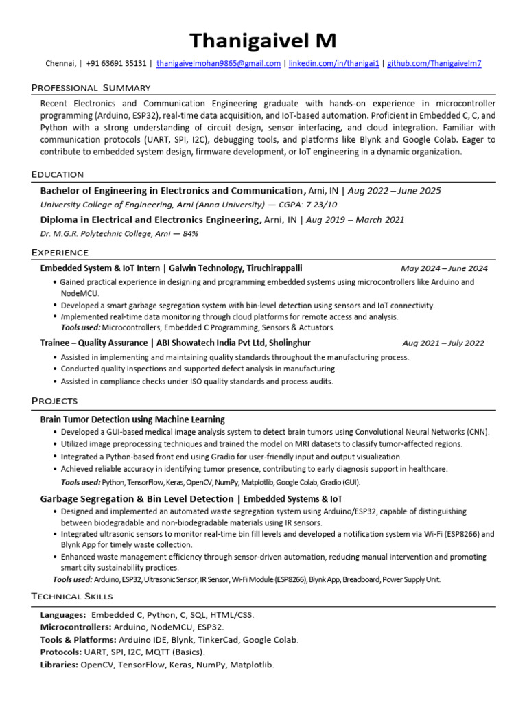 Thanigaivel M Embedded System Fresher Resume | PDF | Embedded System ...
