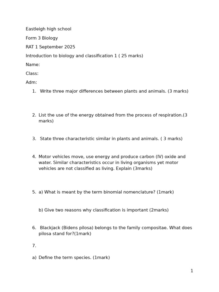Form 3 Biology RAT1 | PDF