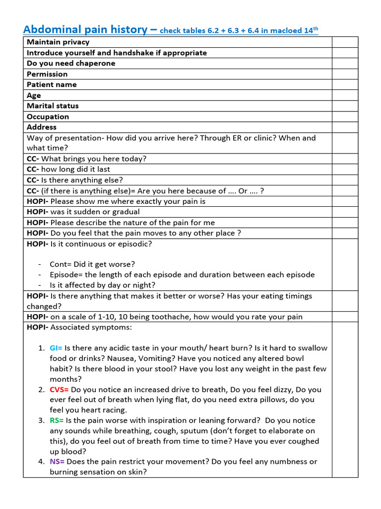 Abdominal Pain Assessment Checklist | PDF | Cough | Diabetes