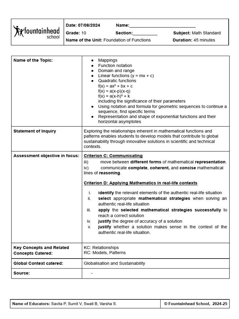 MS - SA - Crit D & C - Unit 1 - Foundation of Functions - G10 Math STD - 2024-25 | PDF ...