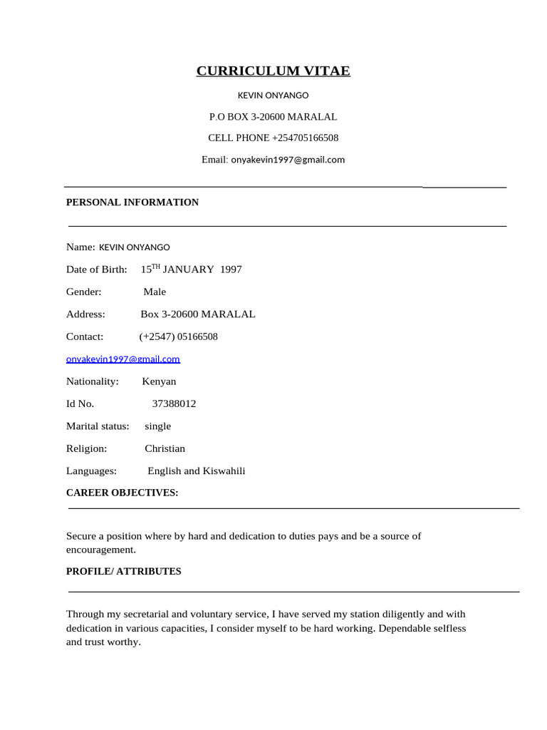 Kevin Onyango's CV Summary | PDF
