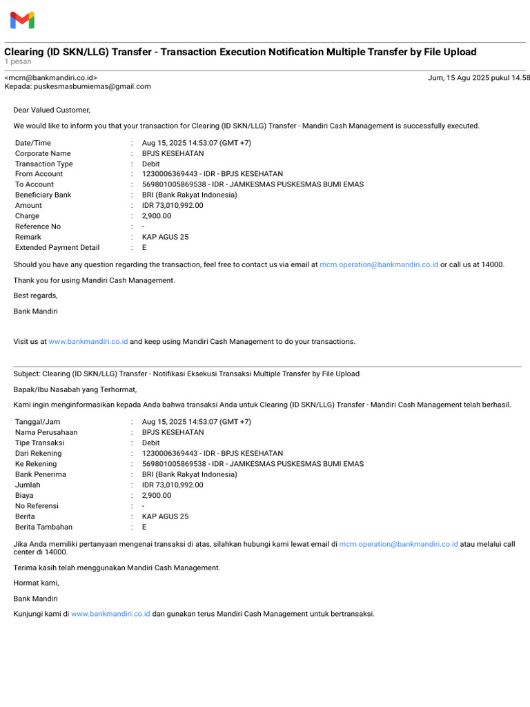 Notifikasi Transaksi Clearing Mandiri | PDF