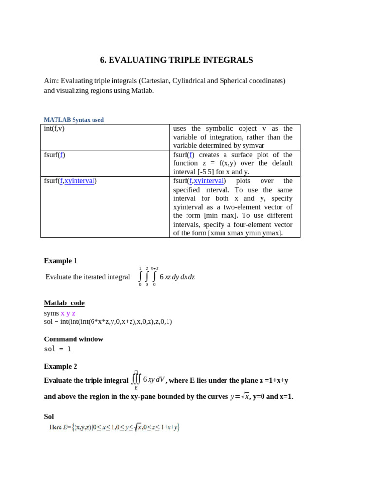 Exp6 - Triple Integrals Matlab - New | PDF | Integral | Coordinate System