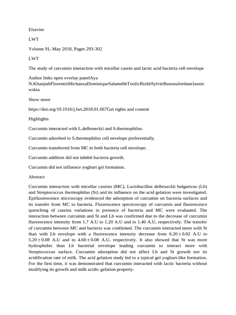2018 (Aya) The Study of Curcumin Interaction With Micellar Casein and Lactic Acid Bacteria Cell ...