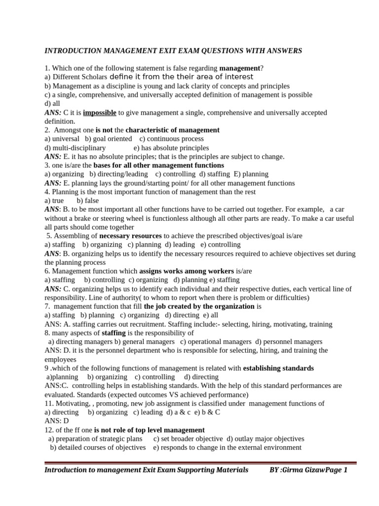 Introduction Management Exit Exam With Answers | PDF | Power (Social ...