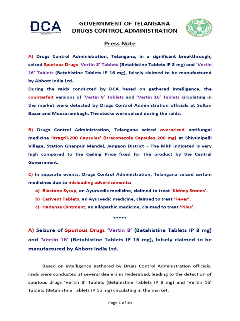 Press Note 28-06-2024 Spurious Drugs Price Violation Misleading ...