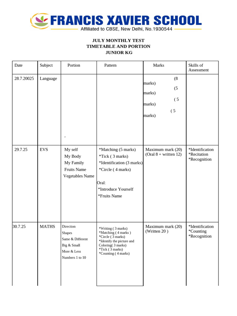 Junior KG July MothlyTest Timetable and Portion | PDF