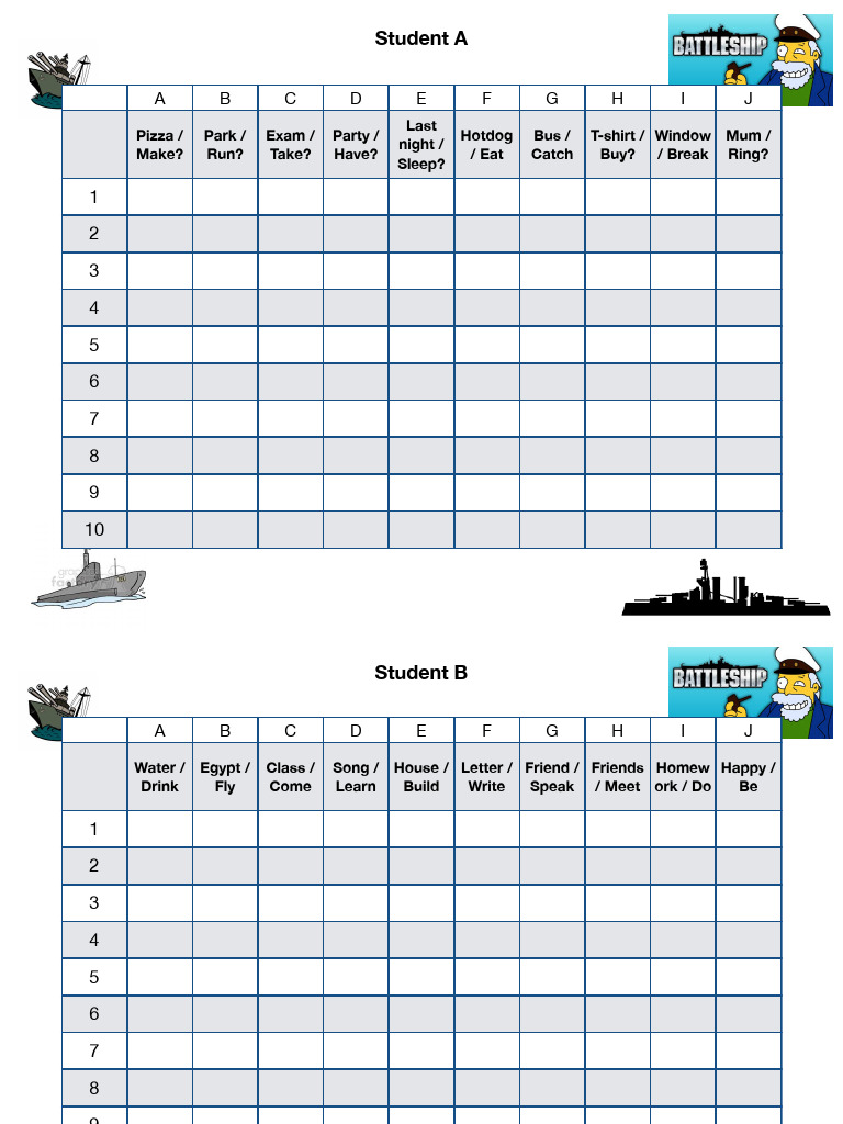 Battleship Game for Irregular Verbs | PDF