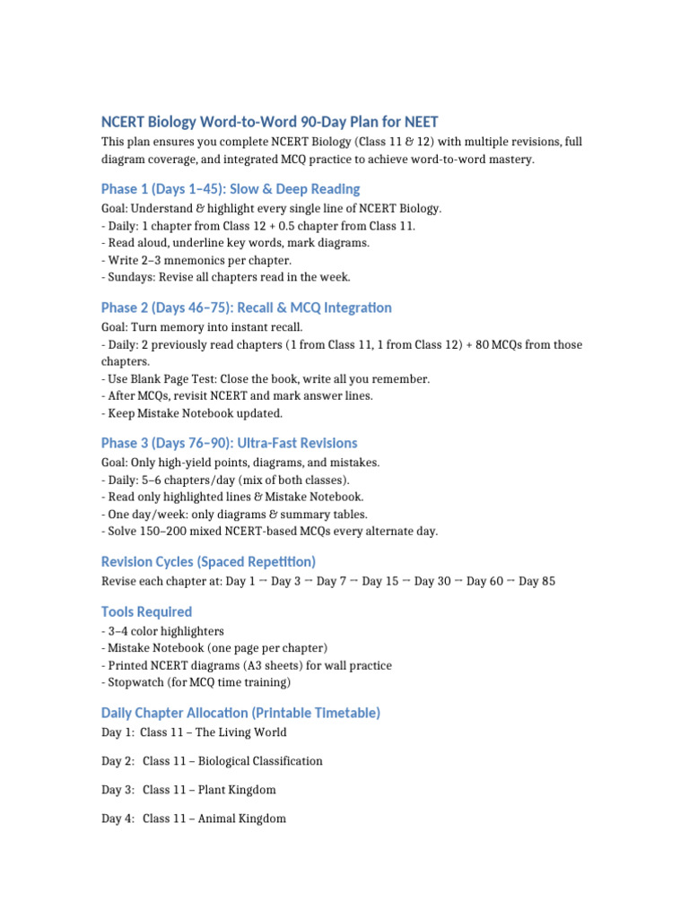 NCERT Biology 90 Day Master Plan | PDF