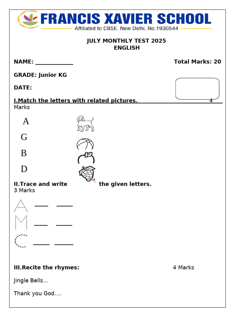 July 2025 Junior KG English Test | PDF