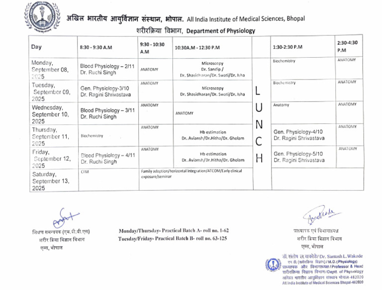 PHYSIO TIME TABLE 8 Sept - 13 Sept | PDF