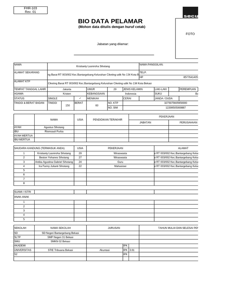 Form Biodata Pelamar | PDF