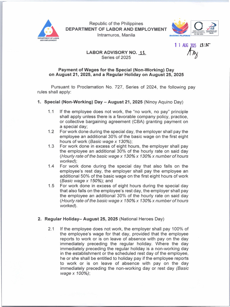 Labor Advisory No. 11 25 Payment of Wages For The Special Non Working ...