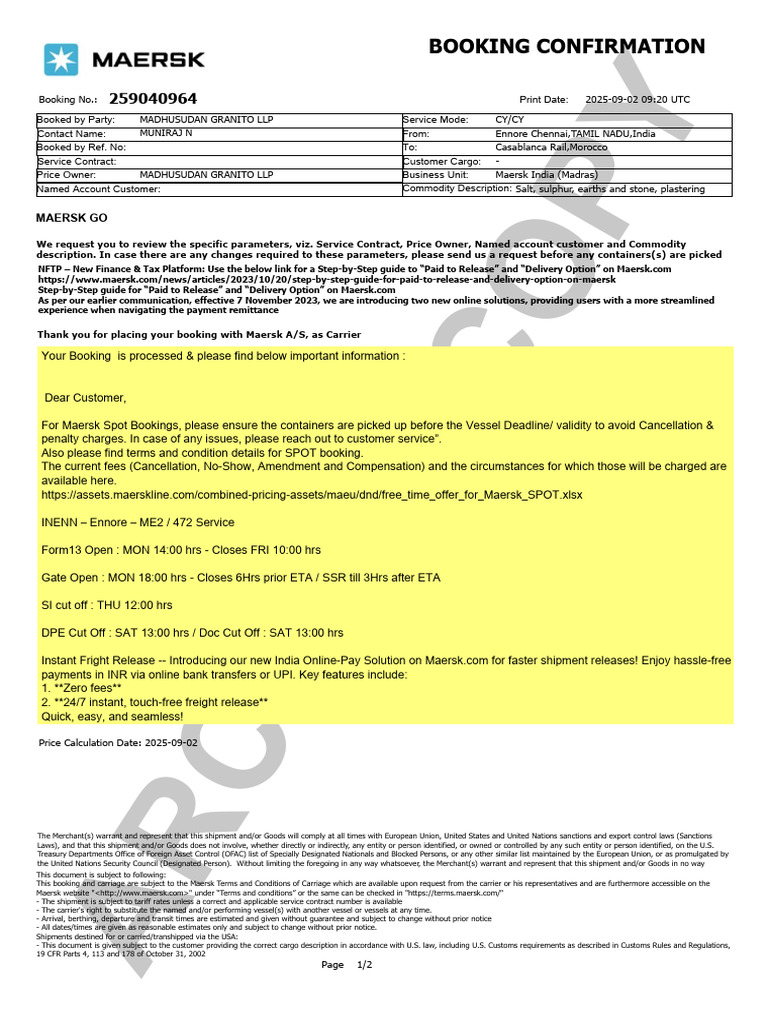 Maersk Booking Confirmation Details | PDF | Cargo | Freight Transport
