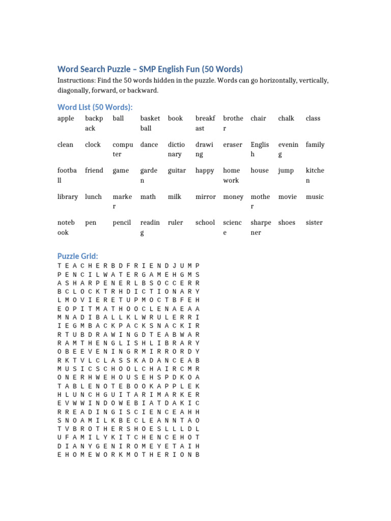 50-Word English Word Search Puzzle | PDF | Word Search | Word Puzzles