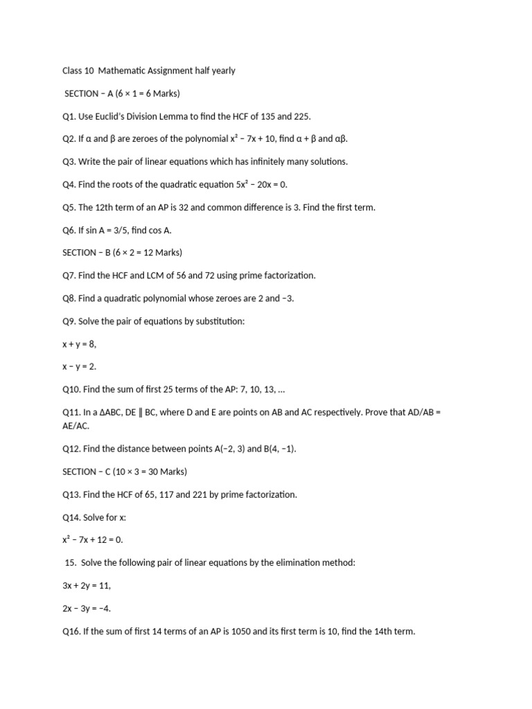 Class 10 Math Half-Yearly Assignment | PDF | Elementary Mathematics ...