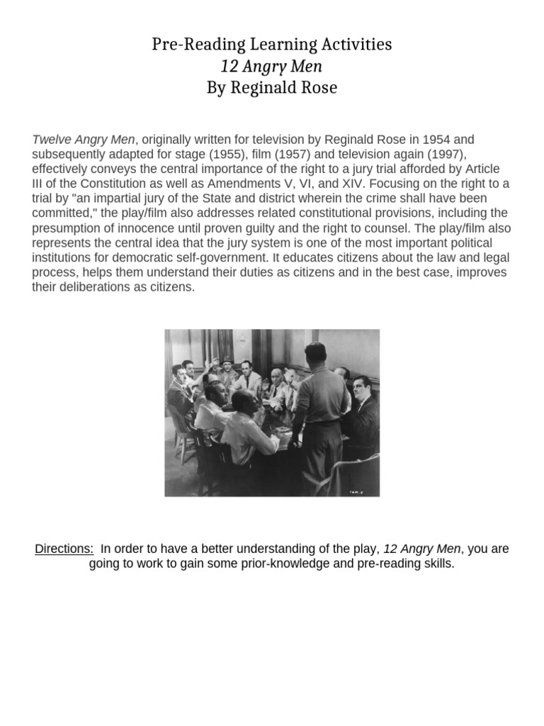 Pre-Reading Activities for 12 Angry Men | PDF | Jury Trial | Trials