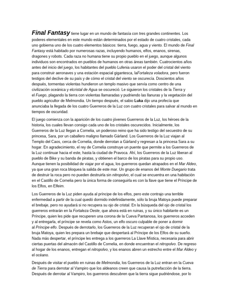 Historia de Final Fantasy: Guerreros de la Luz | PDF