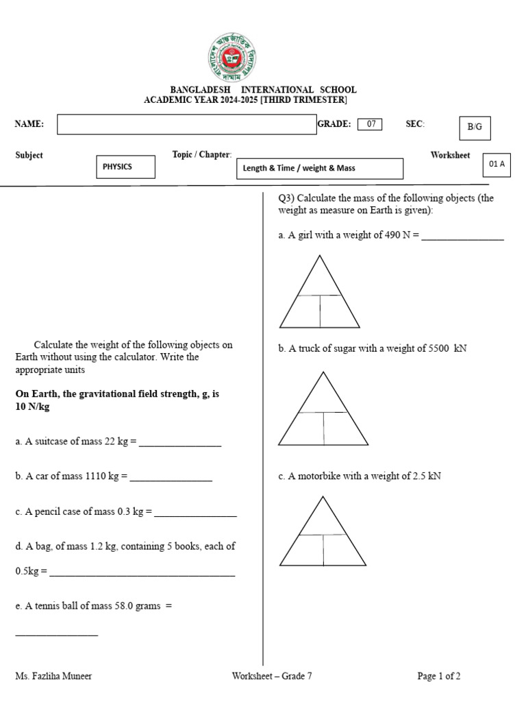 Grade 7 Physics Worksheet on Mass & Weight | PDF | Weight | Mass