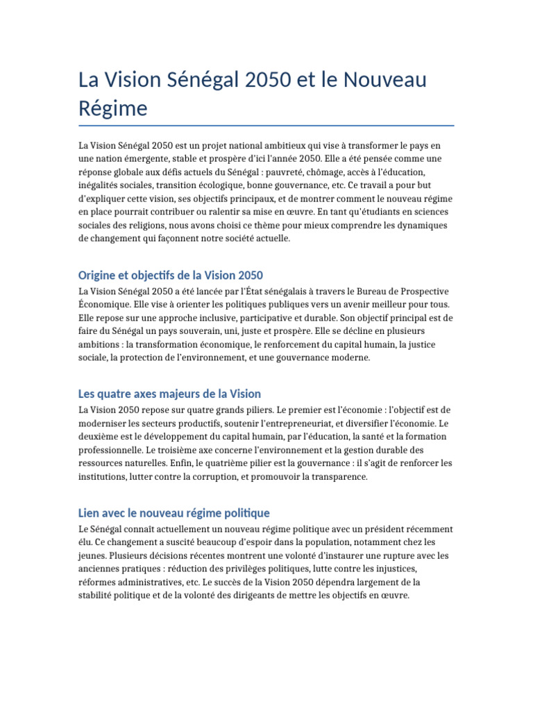 Vision Sénégal 2050 : Objectifs et Défis | PDF | Durabilité | Gouvernance