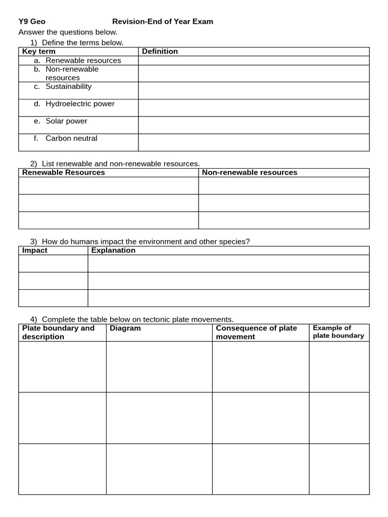 Y9 Geo Revision-End of Year Exam | PDF