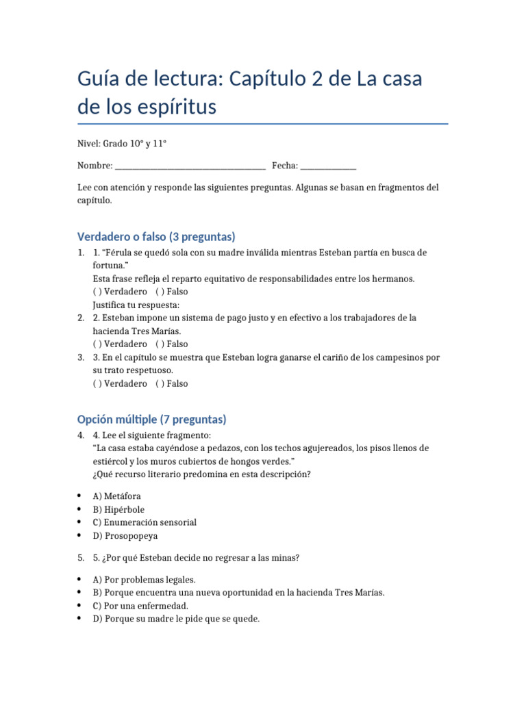 Guia Capitulo 2 Casa Espiritus Grado10 11 | PDF