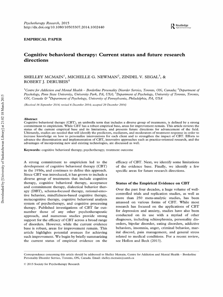 Cognitive Behavioral Therapy - Current Status and Future Research ...