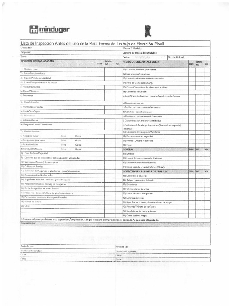 Check List Plataforma Elevadora | PDF