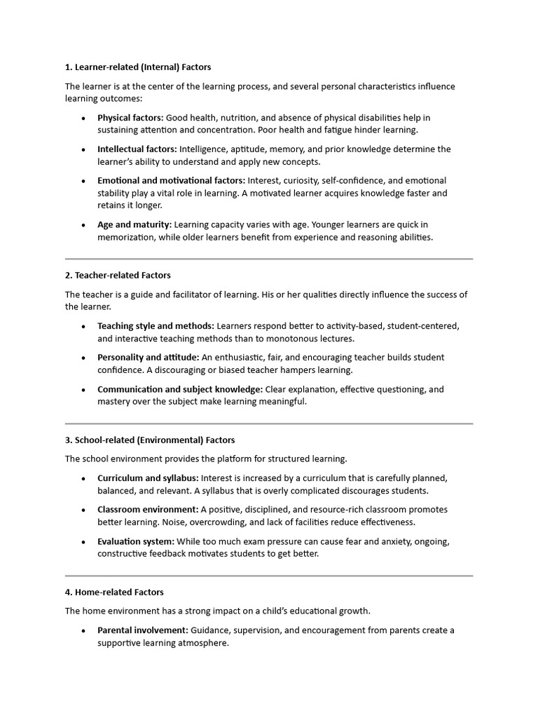 Factors Influencing Learning Outcomes | PDF | Learning | Teachers