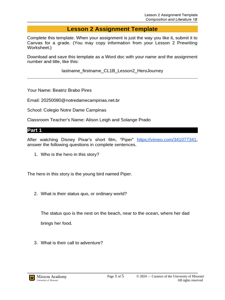 Lesson 2 Hero's Journey Assignment Template | PDF