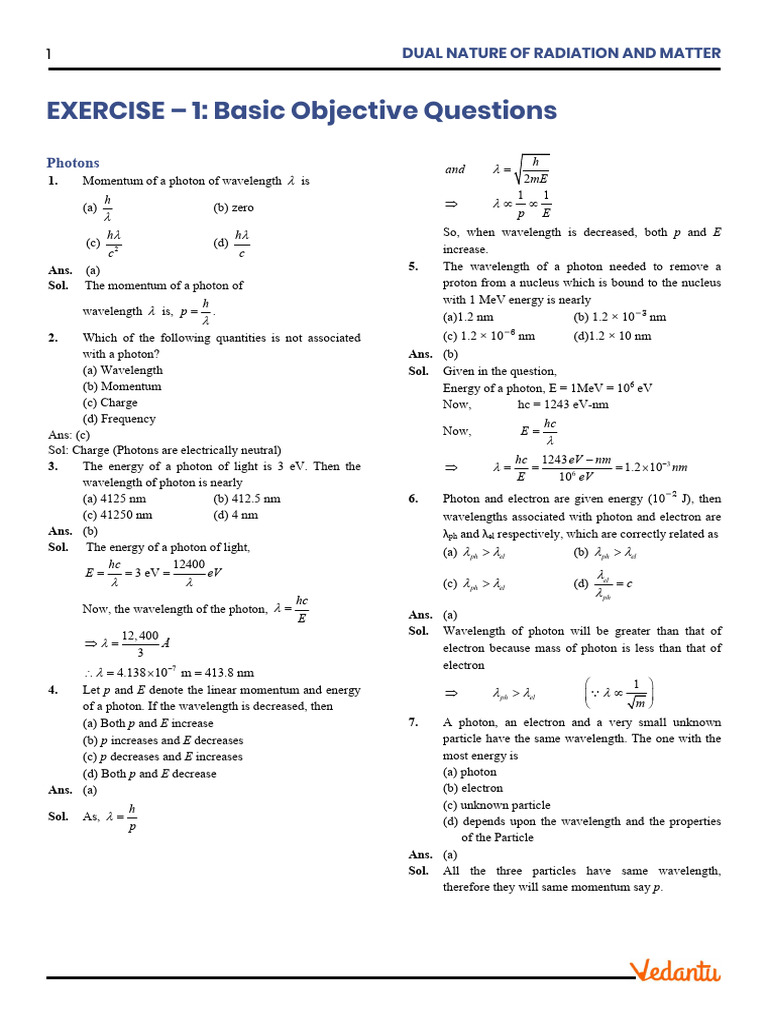 Dual Nature of Radiation and Matter Ex-1 | PDF | Photoelectric Effect ...