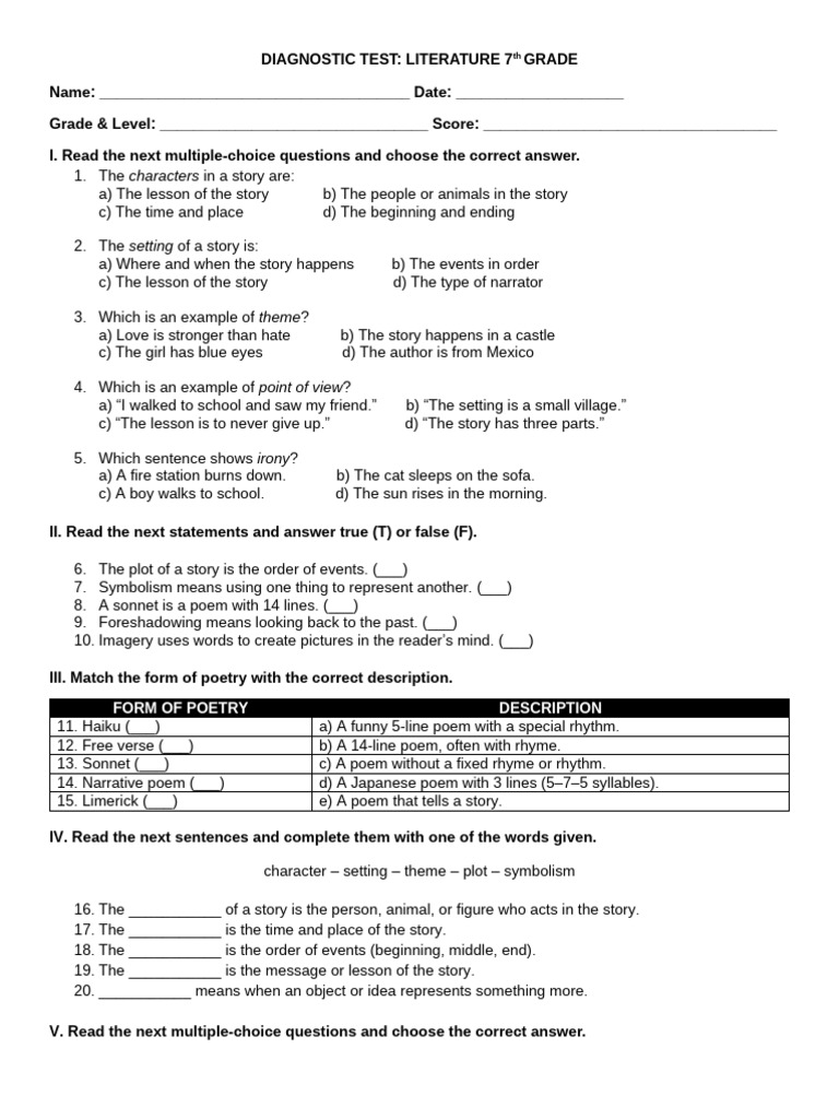 Literature 7th Grade - Diagnostic Test | PDF | Poetry | Literary Theory
