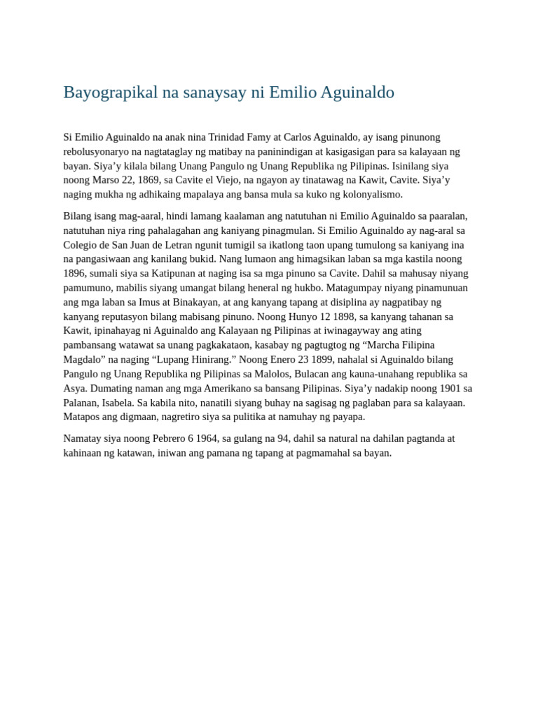 Bayograpikal Na Sanaysay Ni Emilio Aguinaldo | PDF