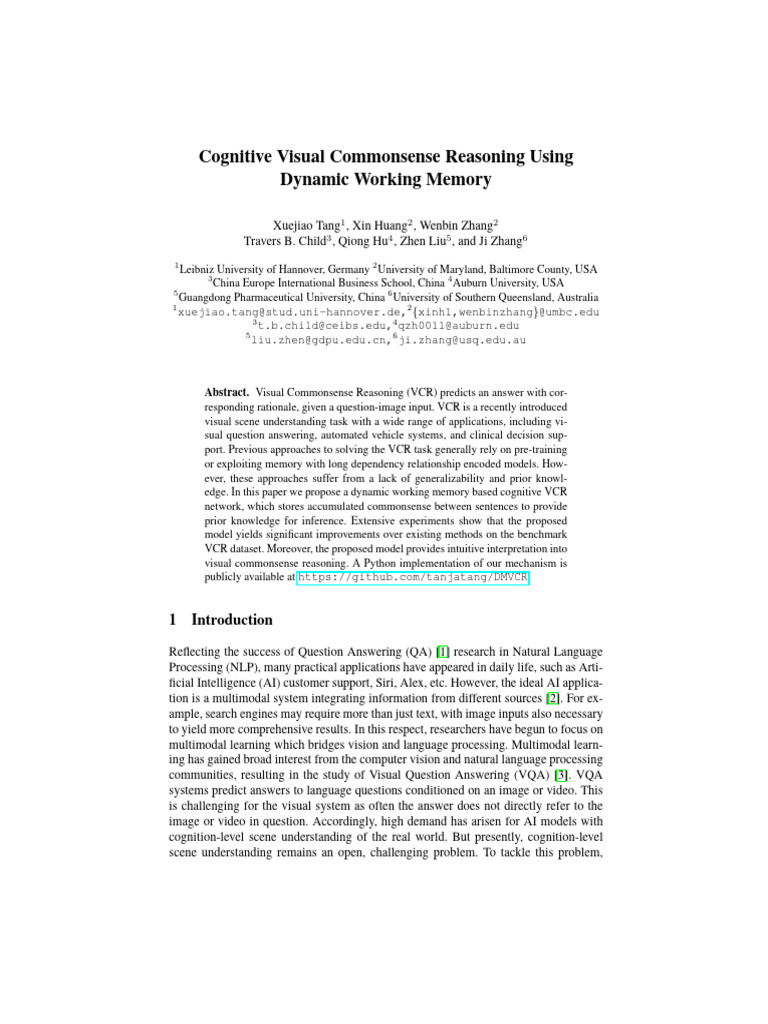 Cognitive Visual Commonsense Reasoning Using DynamicWorking Memory ...