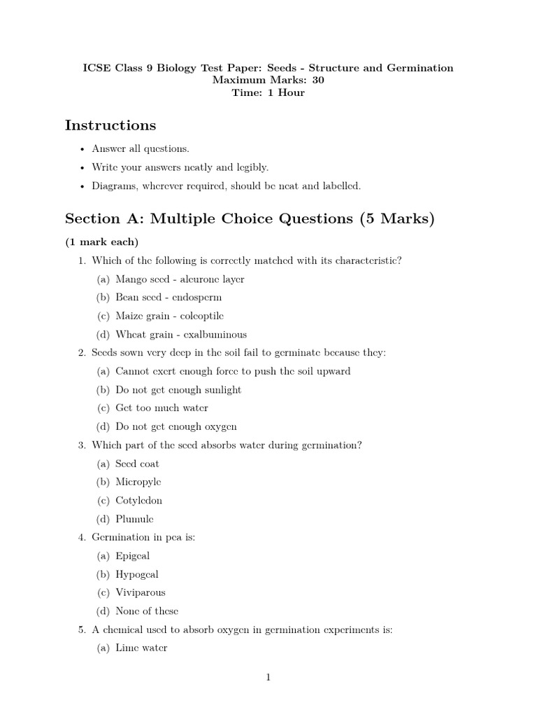 ICSE Class 9 Biology: Seed Germination Test | PDF